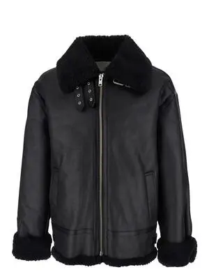 DUNST Shearling Jacket With Belted Collar - Black