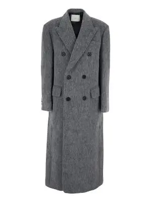 DUNST Brushed Wool Double-breasted Coat With Peak Lapels - Grey