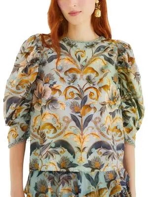Farm Rio Floral Puff-sleeve Blouse - Blue