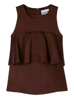 GANNI Ruffled Satin Top - Brown