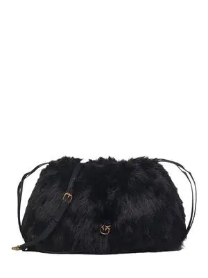 Pinko Faux-fur Clutch Bag With Logo Plaque - Black
