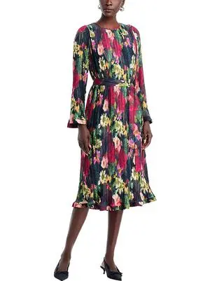 T Tahari Round Neck Pleated Dress - Midnight Garden Print