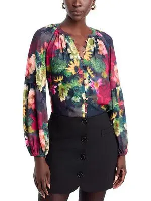 T Tahari Floral Split Neck Button Down Blouse - Midnight Garden Print