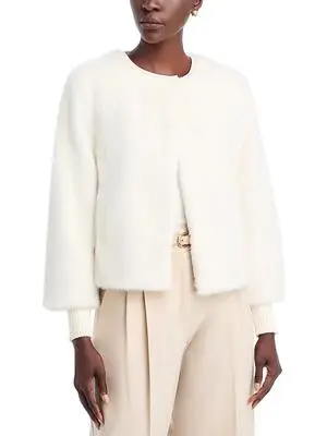 T Tahari Faux Fur Knit Cuff Jacket - Soft Ivory