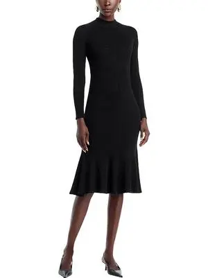 T Tahari Long Sleeve Ribbed Flare Dress - Black