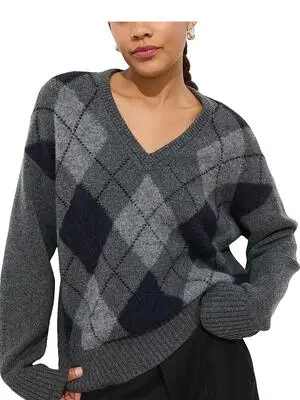 ALEX MILL Campbell Argyle V-neck Sweater - Storm Grey