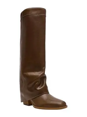 Steve Madden Winnick Fold-Over Knee High Boots Olive Leather