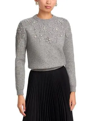 STELLAH Floral Embroidered Sweater - Heather Grey