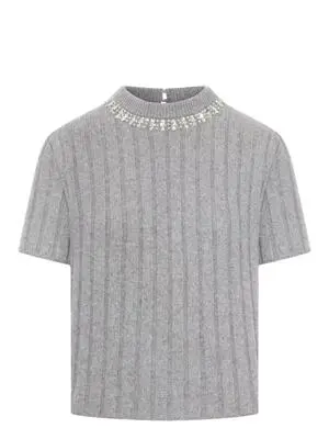 Gucci Ribbed Wool Top With Jeweled Detailing - Grey