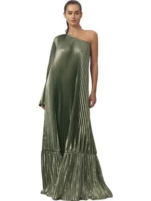 L'IDEE Mozart Asymmetric Pleated Gown - Oil Shine