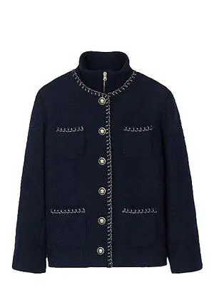 Sandro Buttoned Contrast-trim Tweed Jacket - Navy Blue