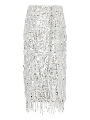 MILLY Roxanne Fringe Sequin Midi Skirt - Silver