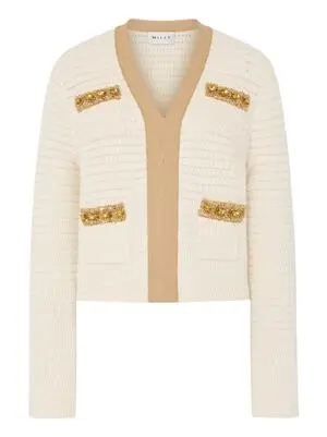 MILLY Reid Gold Embellished V-neck Cardigan - Ecru/gold