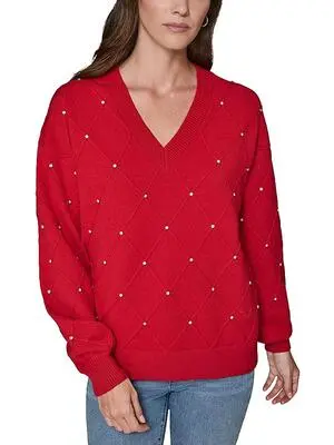 Karl Lagerfeld Paris Embellished V-neck Sweater - Admiral Red