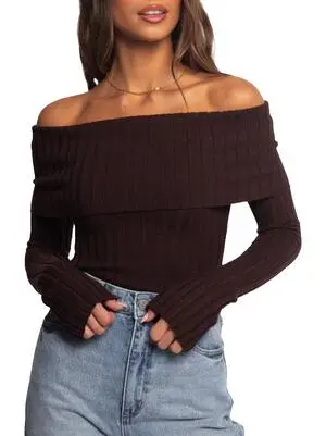 PETAL & PUP Inora Foldover Off-the-shoulder Ribbed Sweater - Chocolate