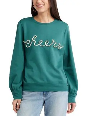 Caslon Balloon Sleeve Sweatshirt With Imitation Pearl Embellishment - Green Jasper Embellishment
