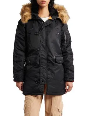Alpha Industries N-3b Water Resistant Parka With Removable Faux Fur Trim - Black
