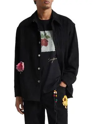 SONG FOR THE MUTE Floral Appliqué Corduroy Shirt Jacket - Black