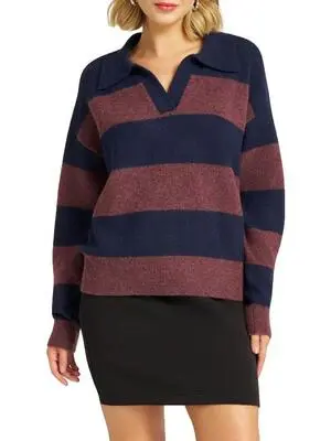Matty M. Kristie Stripe Johnny Collar Sweater - Navy