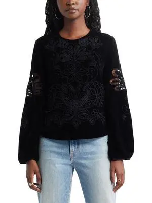 Treasure & Bond Velour Floral Cutwork Top - Black