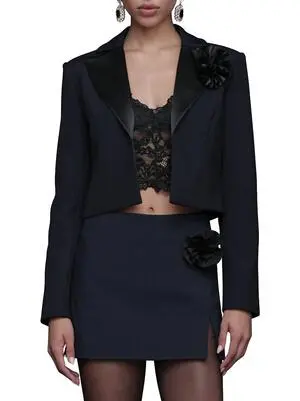Avec Les Filles Cropped Blazer With Floral Embellishment - Navy - Black
