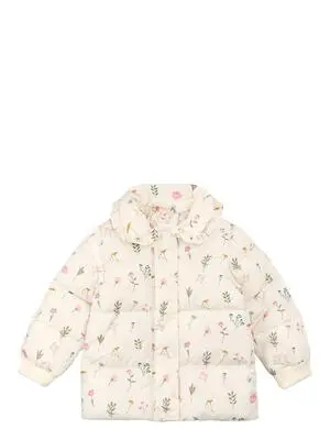 MILES THE LABEL Floral Quilted Puffer Coat With Ruffled Collar - Beige