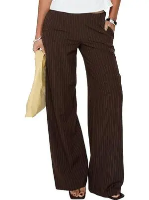 Princess Polly Low Rise Wide Leg Pinstripe Trousers - Brown Pinstripe