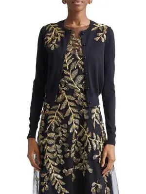 Carolina Herrera Leaf Embroidered Silk & Cotton Cardigan - Black/gold