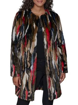 Karl Lagerfeld Paris Faux Fur Longline Jacket - Brown Multi