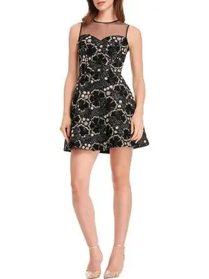 Dress The Population Kerra Embellished Illusion Neck Fit & Flare Mini Dress - Black-silver
