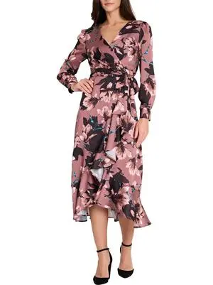 TAHARI ASL Floral Faux Wrap Midi Dress - Mauve Floral