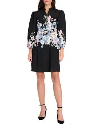 TAHARI ASL Printed Belted Long Sleeve Dress - Black Blue Pink