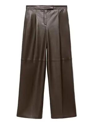 Mango Wide Leg Faux Leather Trousers - Khaki Brown