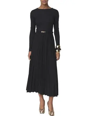 Mango Pleated Belted Maxi Dress Black