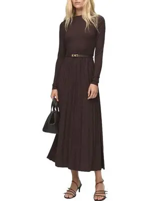 Mango Pleated Belted Maxi Dress Chocolate