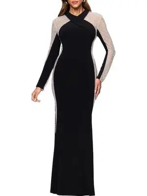 XSCAPE EVENINGS Beaded Mesh Long Sleeve Gown - Black/beige/silver