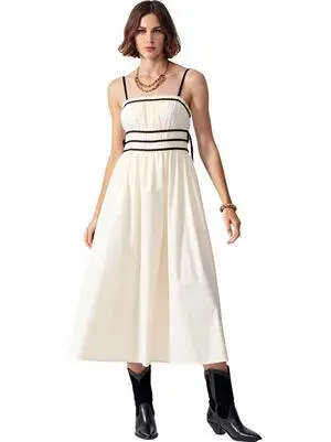 MODENAIRE Smocked Waist Midi Dress With Contrast Trim - Ivory/black