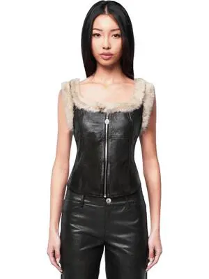 OW Faux Leather Top With Faux Fur Trims - Distressed Black