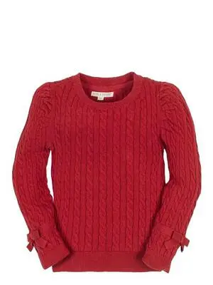 HOPE & HENRY Organic Long Puff Sleeve Sweater With Bow Detail - Red Cable