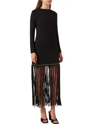 NO PISE LA GRAMA Long Sleeve T-shirt Dress With Fringe - Black