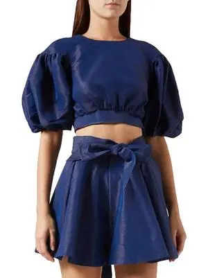 NO PISE LA GRAMA Taffeta Puff-sleeve Crop Top - Navy