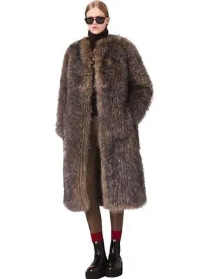 Maje Long Faux Fur Coat - Grey