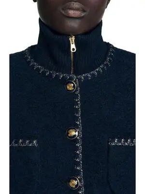Sandro Tweed Jacket With Removable Collar - Navy Blue