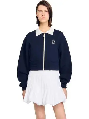 Sandro Cropped Two-tone Smocked Sweatshirt - Deep Blu
