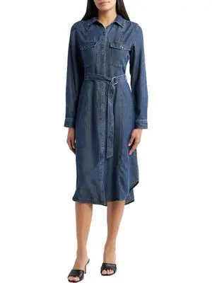CLOTH & STONE Long Sleeve Denim Belted Midi Shirt Dress - Moonlit Indigo Wash