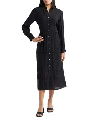 CLOTH & STONE Ladder Stitch Long Sleeve Midi Shirtdress - Black