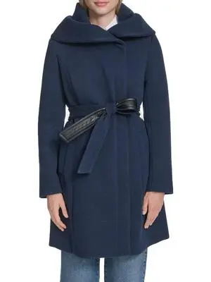 Cole Haan Twill Belted Hooded Coat Navy