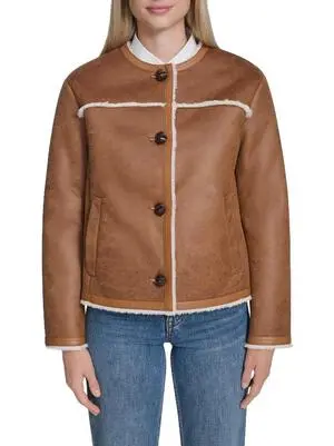 Cole Haan Water-resistant Waxed Faux Shearling Collarless Jacket - Hazelnut