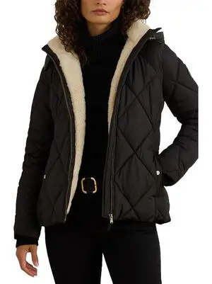 Ralph Lauren Diamond Puffer Coat With Faux Shearling Lining - Black