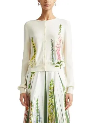 Oscar De La Renta Foxglove Embroidered Virgin Wool Cardigan - Ivory